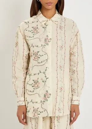 Agua Bendita Floral Embroidered Linen Shirt