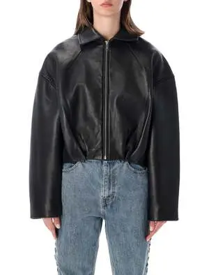 ROTATE BY BIRGER CHRISTENSEN Cropped Leather Zip Jacket - Nero