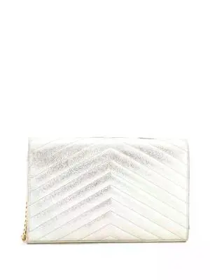 Saint Laurent Classic Monogram Wallet On Chain Matelasse Chevron Metallic Leather Medium Crossbody Bag - Silver