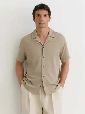 REISS River Textured Cuban-collar Short-sleeve Shirt - Stone