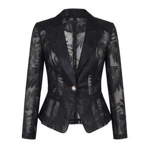MODENAIRE Sheer Lace Sleeve Tailored Blazer