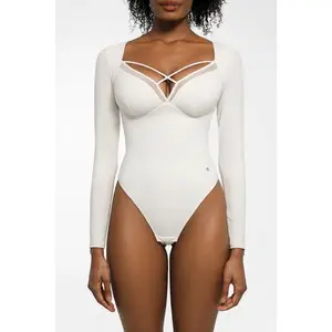 POPILUSH Long Sleeve Mesh Inset Tummy Control Bodysuit - Ivory