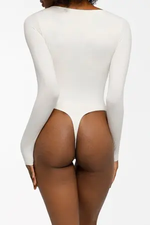 POPILUSH Long Sleeve Mesh Inset Tummy Control Bodysuit - Ivory
