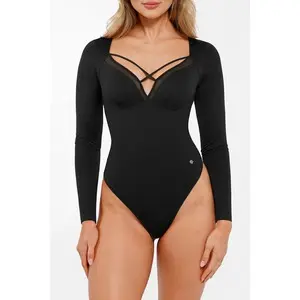 POPILUSH Long Sleeve Mesh Inset Tummy Control Bodysuit - Jet