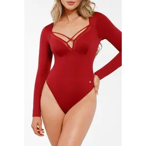 POPILUSH Long Sleeve Mesh Inset Tummy Control Bodysuit - Rose