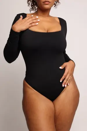 POPILUSH Shapewear Contour Long Sleeve Square Neck Bodysuit - Jet