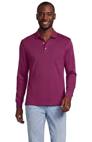 LANDS' END Long Sleeve Cotton Supima Polo Shirt With Pocket Light Raspberry