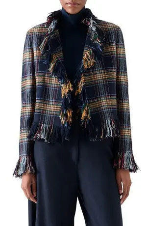 Akris Plaid Tweed Fringe Jacket