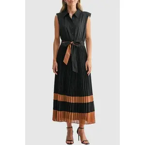 QUINCY MAE Pleated Cap Sleeve Button-up Shirtdress - Black Camel