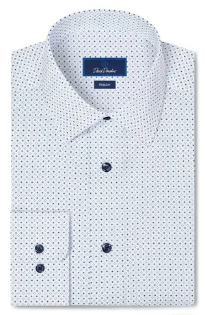 David Donahue Trim Fit Printed Cotton Shirt White/navy