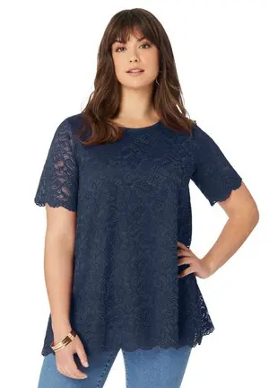 Roaman's Allover Lace Swing Tee - Navy