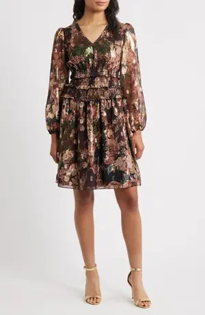 Eliza J Floral Print Smoked Waist Long Sleeve Dress