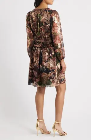 Eliza J Floral Print Smoked Waist Long Sleeve Dress