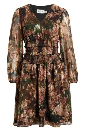 Eliza J Floral Print Smoked Waist Long Sleeve Dress