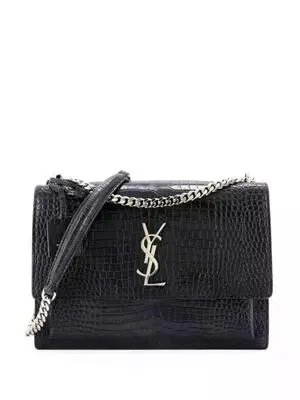 Saint Laurent Sunset Crocodile Embossed Leather Large Crossbody Bag - Black