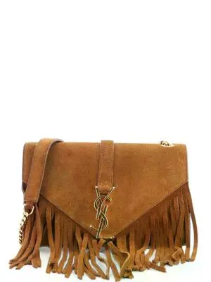 Saint Laurent Classic Monogram Fringe Suede Small Crossbody Bag - Brown