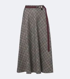 Max Mara Belted Plaid Virgin Wool Midi Skirt