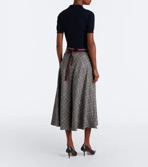 Max Mara Belted Plaid Virgin Wool Midi Skirt