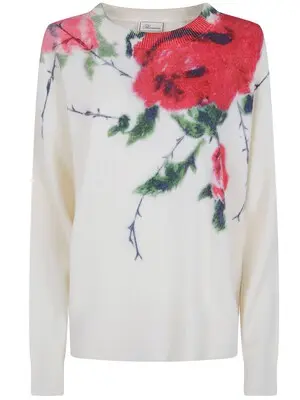 Blumarine BLUMARINE Wool Cashmere Rose Print Sweater Beige
