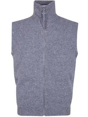 Seventy Ribbed Zip Up Sweater Vest With Paillettes