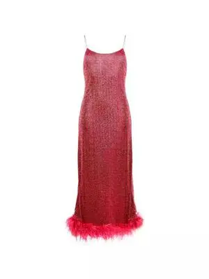 Oseree Feather-trimmed Metallic-effect Maxi Dress