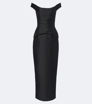 Solace London Pieta Off-shoulder Peplum Satin Gown - Black