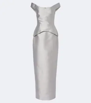 Solace London Pieta Off-shoulder Peplum Satin Gown - Grey