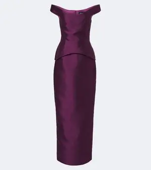 Solace London Pieta Off-shoulder Peplum Satin Gown - Purple
