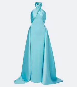 Solace London Halterneck Satin-trimmed Crêpe Gown - Blue