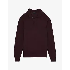 REISS Open-collar Cotton Polo Jumper - Bordeaux