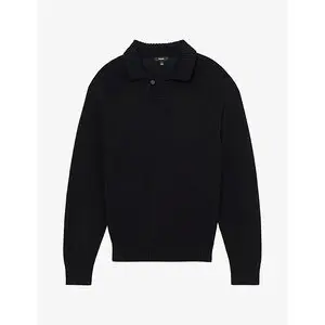 REISS Open-collar Cotton Polo Jumper - Navy