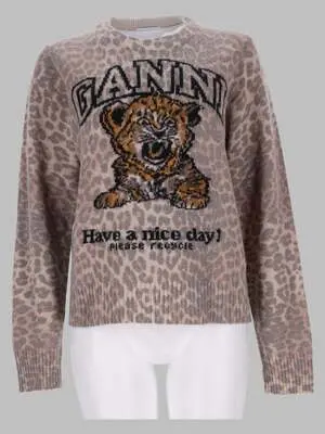 GANNI Graphic Leopard Print Crewneck Sweater - Beige