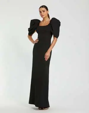 Mac Duggal Crepe Square Neck Gown With Puff Sleeves - Black