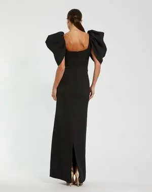 Mac Duggal Crepe Square Neck Gown With Puff Sleeves - Black