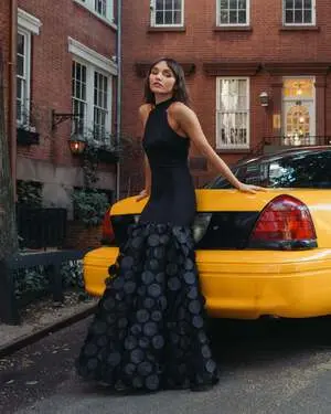 Mac Duggal Halter Neck 3d Floral Hem Gown