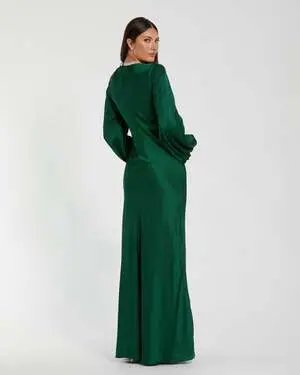 Mac Duggal Beaded High Neck Bishop Sleeve Gown