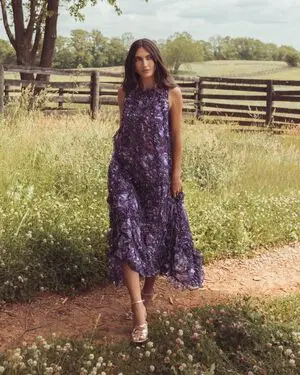 Mac Duggal Sleeveless Floral Micro Ruffle Trapeze Midi Dress
