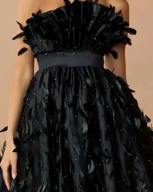 MAC DUGGAL COLLECTION Strapless Feather Embellished High Low Satin Gown