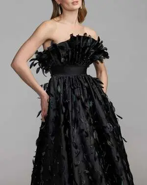 MAC DUGGAL COLLECTION Strapless Feather Embellished High Low Satin Gown