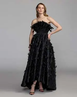 MAC DUGGAL COLLECTION Strapless Feather Embellished High Low Satin Gown