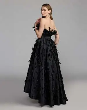MAC DUGGAL COLLECTION Strapless Feather Embellished High Low Satin Gown