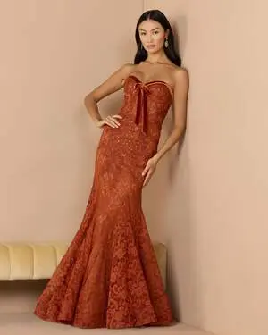 MAC DUGGAL COLLECTION Embroidered Lace Corset Mermaid Gown - Orange
