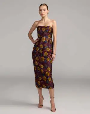 Mac Duggal Floral Brocade Strapless Fitted Midi Dress