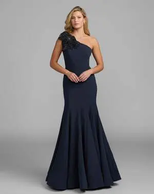 Mac Duggal Crepe One Shoulder Gown With Crystal Flower