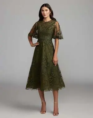 Mac Duggal Embroidered Flutter Sleeve Midi Dress