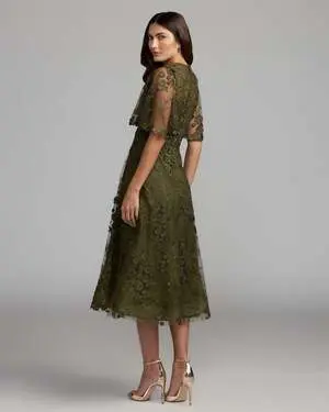 Mac Duggal Embroidered Flutter Sleeve Midi Dress
