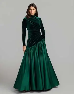 Mac Duggal Velvet Bodice Long Sleeve Charmeuse Gown - Emerald