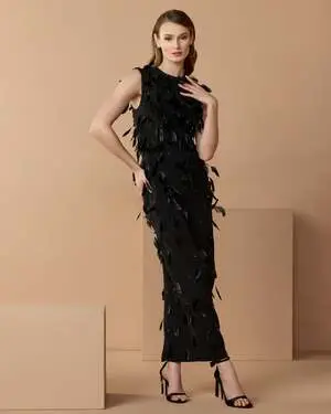 MAC DUGGAL COLLECTION High Neck Sleeveless Feather Embellished Dress