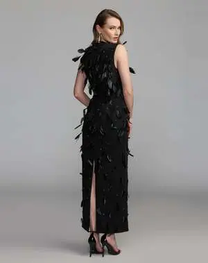MAC DUGGAL COLLECTION High Neck Sleeveless Feather Embellished Dress