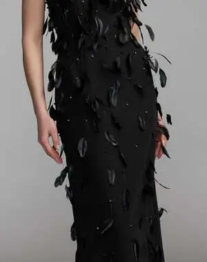 MAC DUGGAL COLLECTION High Neck Sleeveless Feather Embellished Dress